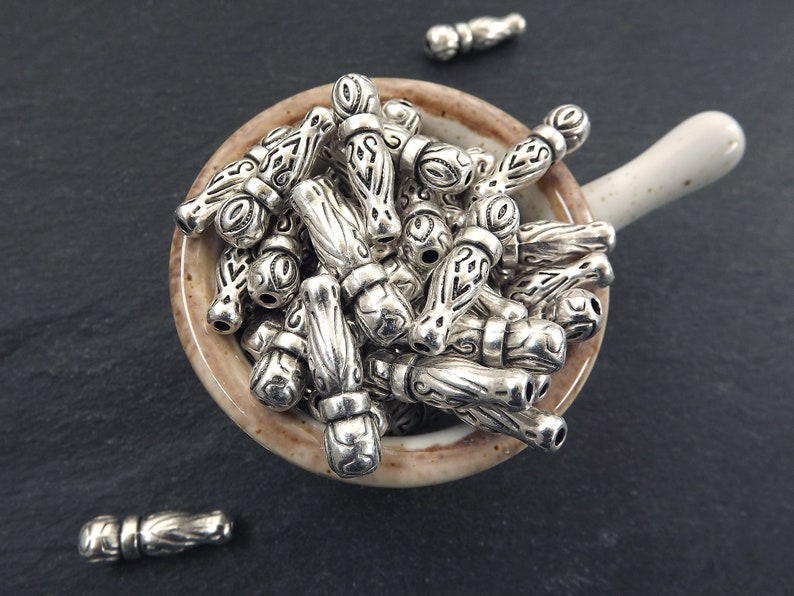 Long Silver Tube Beads, Oriental Prayer Beads, Rosary Beads, Ending ...
