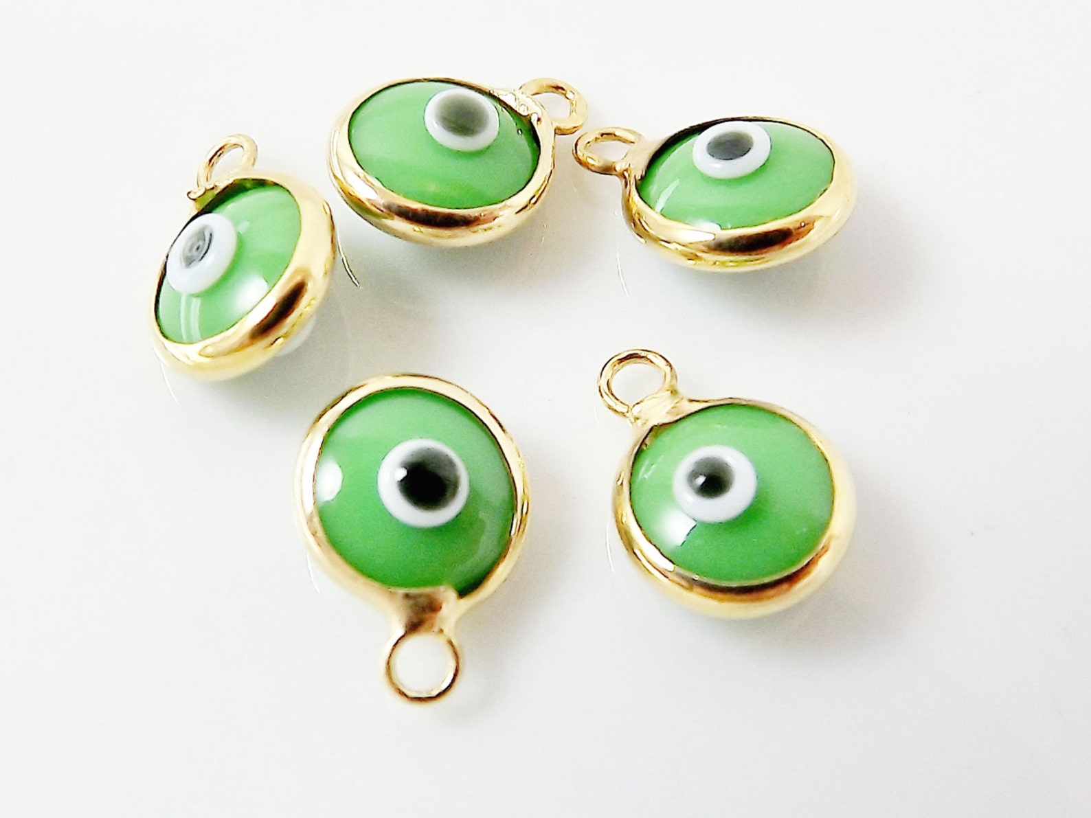 5 Mini Green Evil Eye Nazar Artisan Glass Bead Charms Gold | Etsy