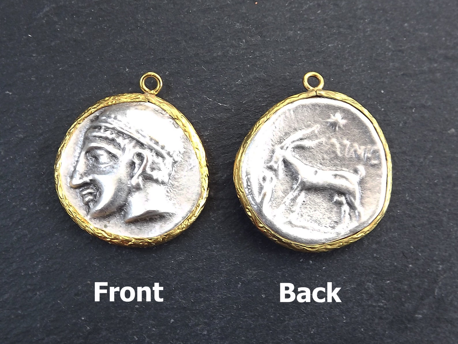 Greek Coin Pendant Gold Frame Bezel, Hermes Coin, Medallion Charm ...
