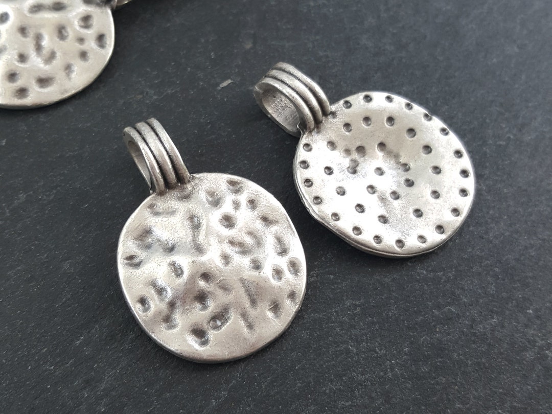 Hammered Dimple Disc Pendant Ethnic Tribal Round Matte Antique Silver ...