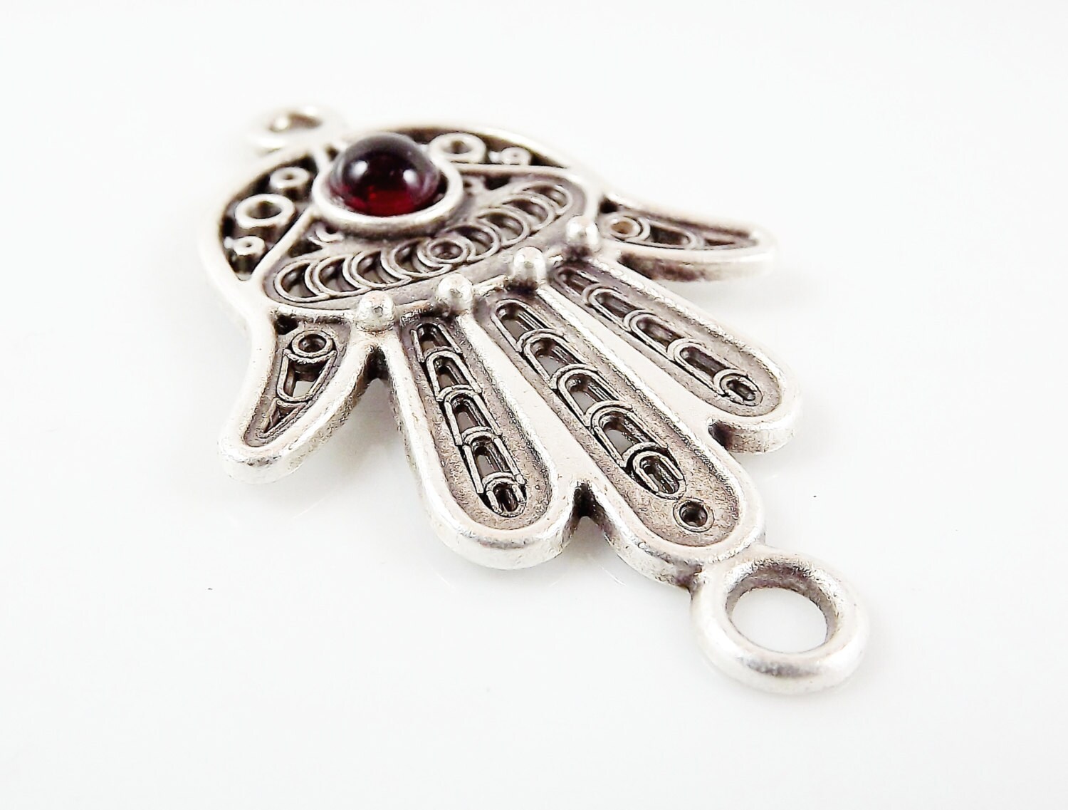 Hand of Fatima Connector With Red Glass Accent - Matte Silver Plated ...
