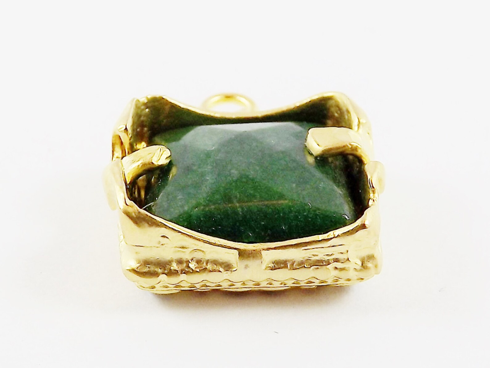 Deep Green Square Jade Pendant - Rustic Swirl Bezel - 22k Matte Gold ...