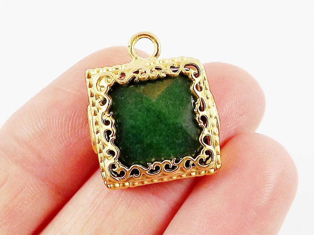Deep Green Square Jade Pendant - Rustic Swirl Bezel - 22k Matte Gold ...