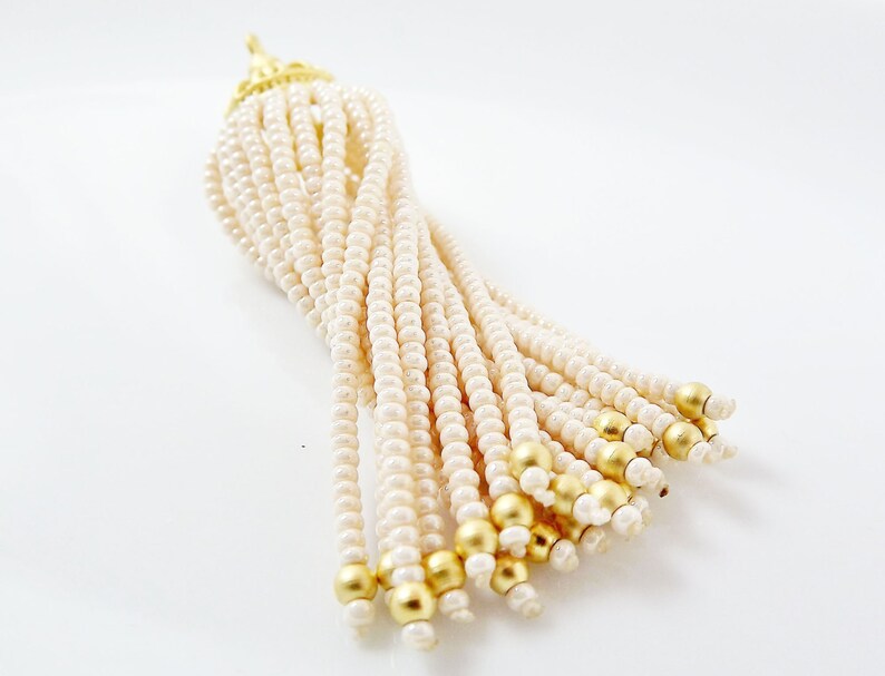 Long Pearly Cream Beaded Tassel - 22k Matte Gold Plated Brass - 1PC - Etsy