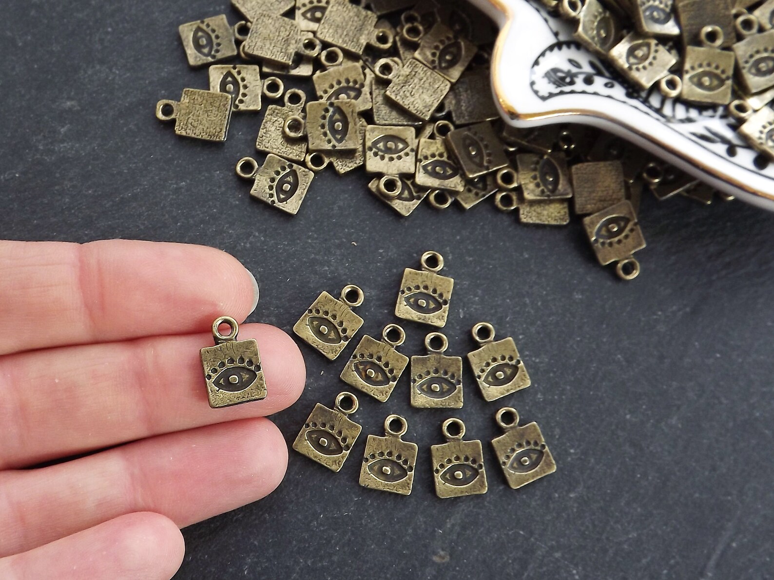 Bronze Mini Square Evil Eye Pendant Charms, Good Luck Protective Amulet ...