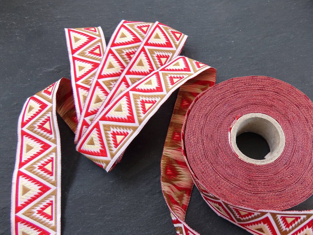 Triangle Jacquard Ribbon 10m Spool, Red Mustard Lemon Yellow Chevron ...
