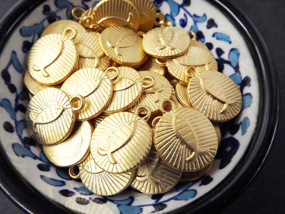 Gold Fish Charms, Greek Fish Charms, Mykonos Fish Pendant, Rustic Cast ...