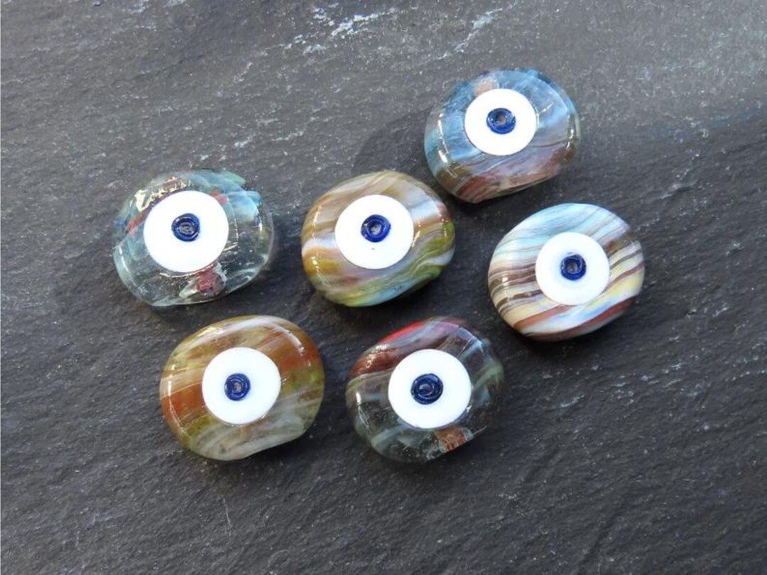 6 Authentic Evil Eye Nazar Glass Beads, Marbled Multicolor Rainbow One ...