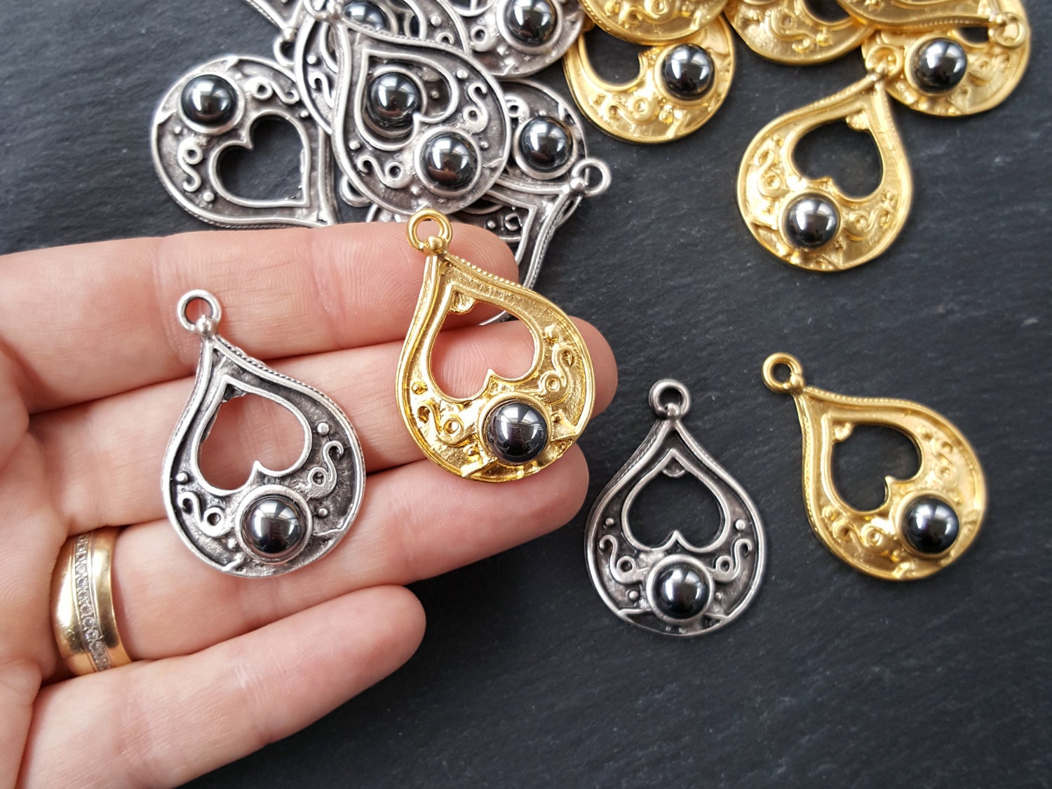 Teardrop Pendant Shiny Greystone Glass Accent Ethnic - Etsy