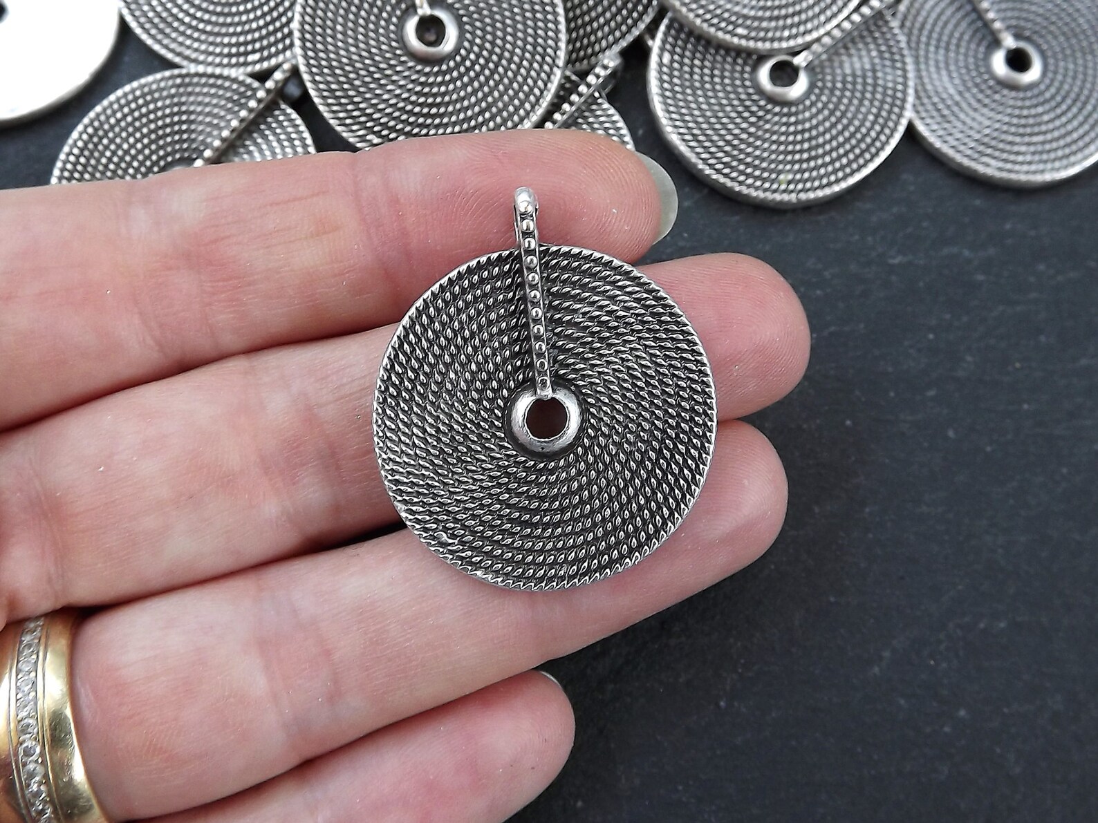 2 Tribal Disc Pendants, Woven Circle Loop Pendant, Ethnic Weave Ring ...