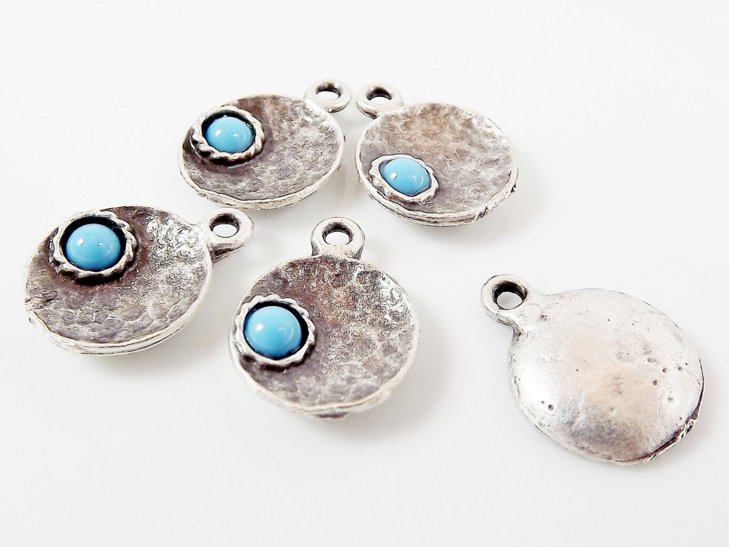 Blue Bead Inverted Dome Shaped Pendant Charms Matte Antiques Silver ...