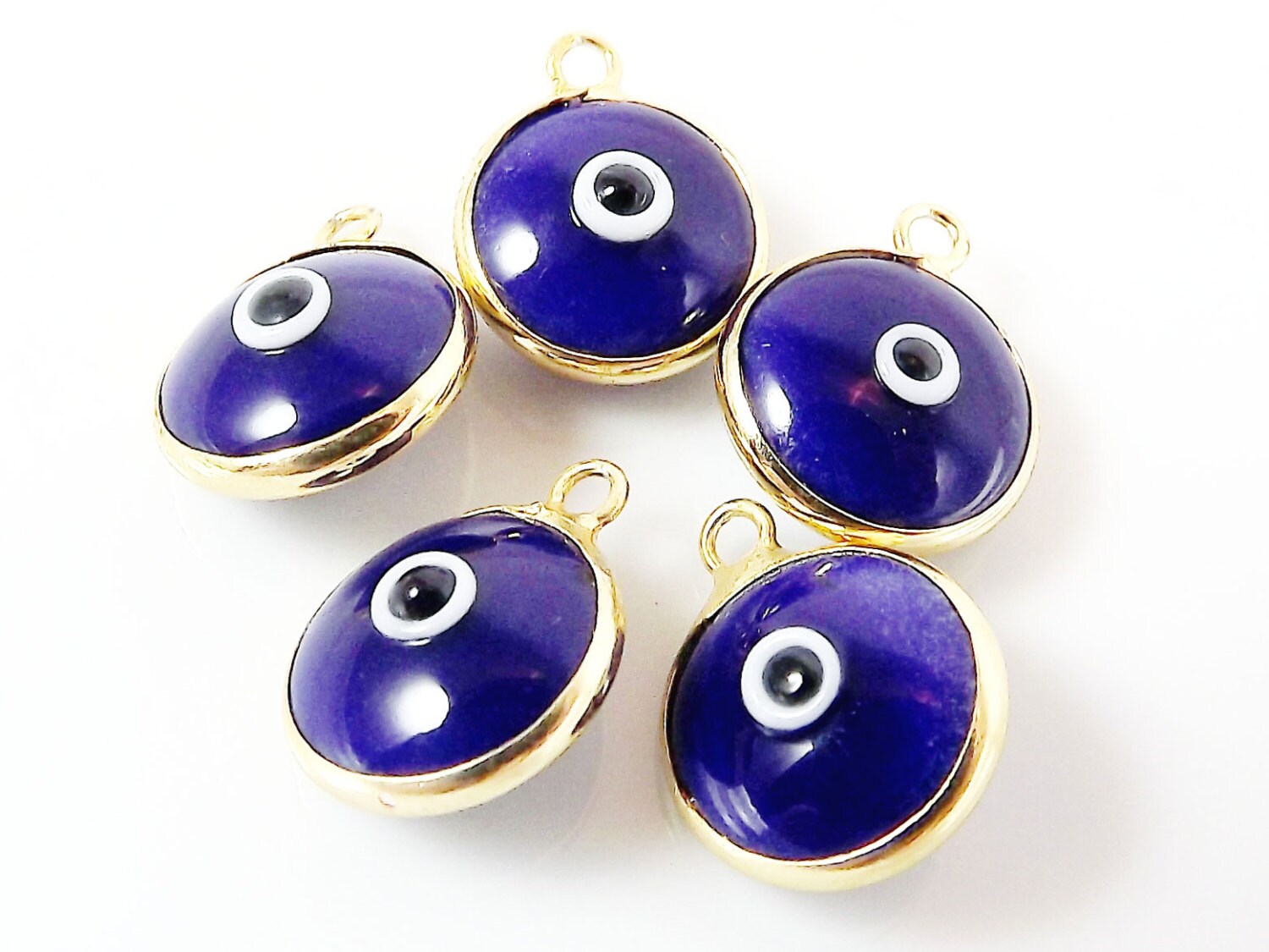 5 Navy Blue Evil Eye Nazar Artisan Glass Bead Charms Gold - Etsy