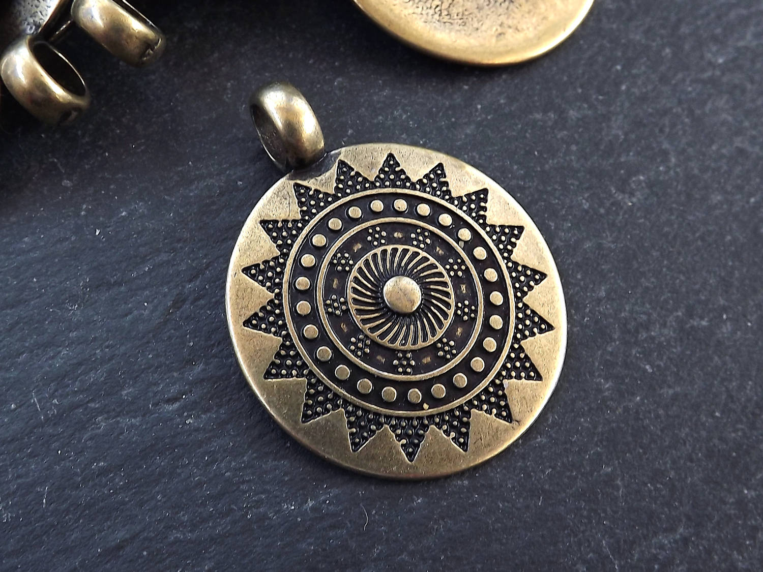 Large Ethnic Sun Mandala Pendant Round Disc With Side Facing Bail ...