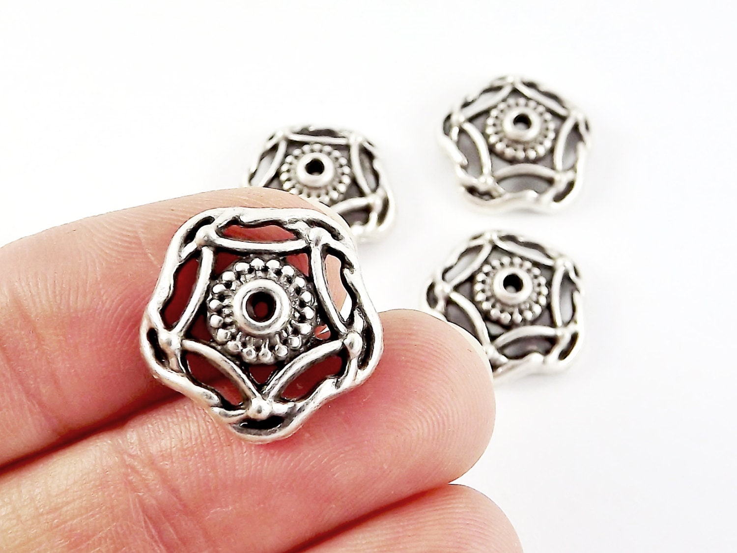 4 Shallow Wavy Bead End Caps - 16mm Wide Matte Silver Plated Round Bead ...