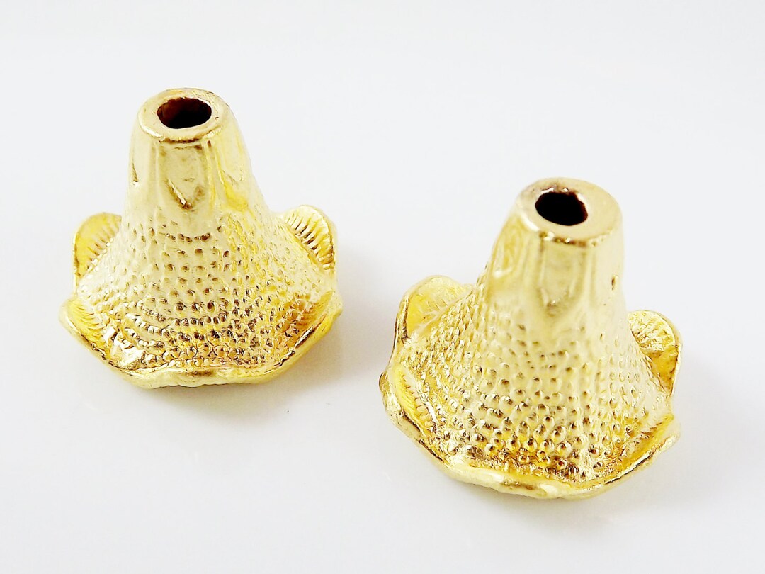 2 Large Chunky Fluted Cone Bead End Caps - 22k Matte Gold Plated Round ...