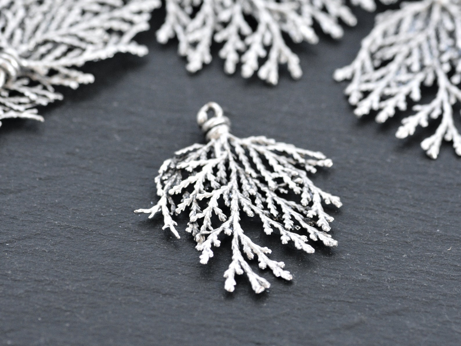 Silver Conifer Leaf Branch Pendant Charm, Metal Leaf Pendant, Drop ...