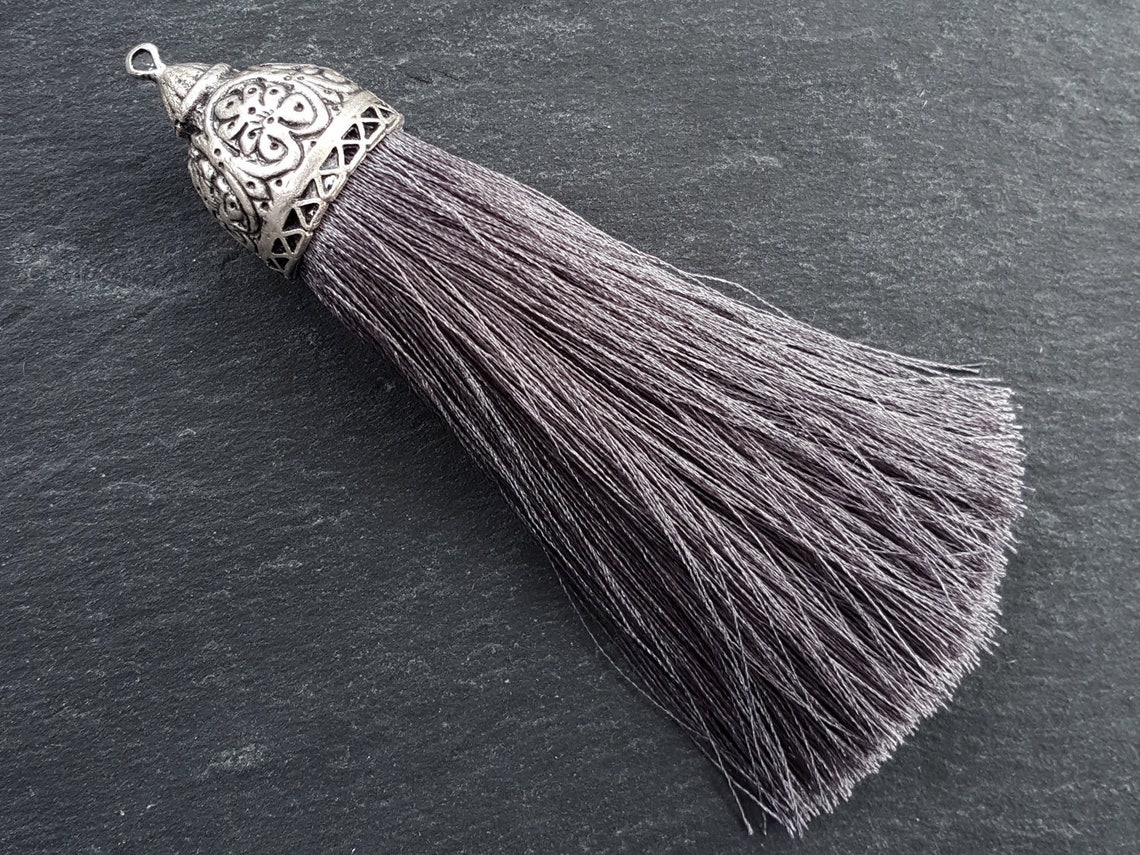 Extra Large Thick Gray Silk Thread Tassel Pendant With Ornate Silver ...