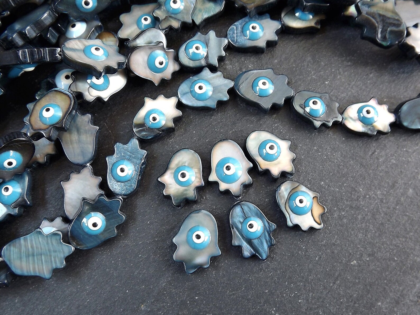 6 Mother of Pearl Evil Eye Hamsa Hand Beads, Natural Black MOP Bead ...