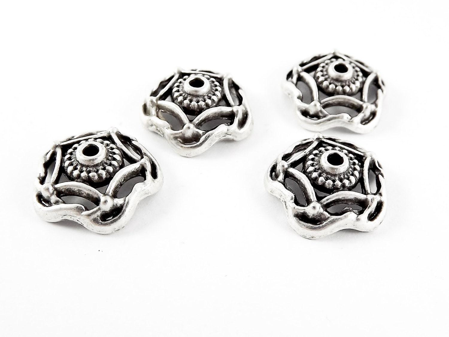 4 Shallow Wavy Bead End Caps - 16mm Wide Matte Silver Plated Round Bead ...