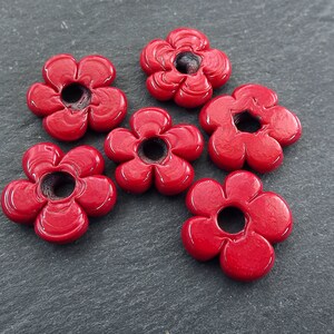 6 Red Glass Flower Beads, Large Chunky Flower Artisan Handmade Opaque ...