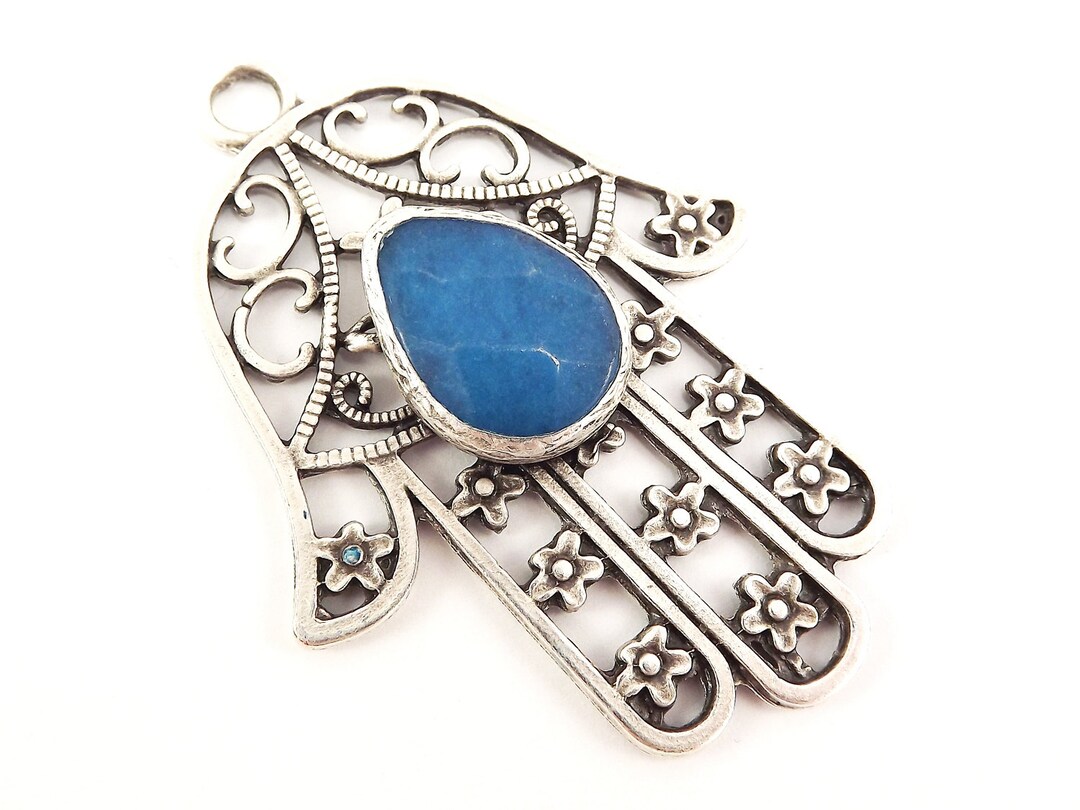 Extra Large Hamsa Hand of Fatima Pendant Blue Teardrop Jade - Matte ...
