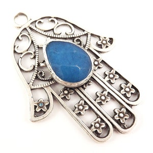 Extra Large Hamsa Hand of Fatima Pendant Blue Teardrop Jade - Matte ...