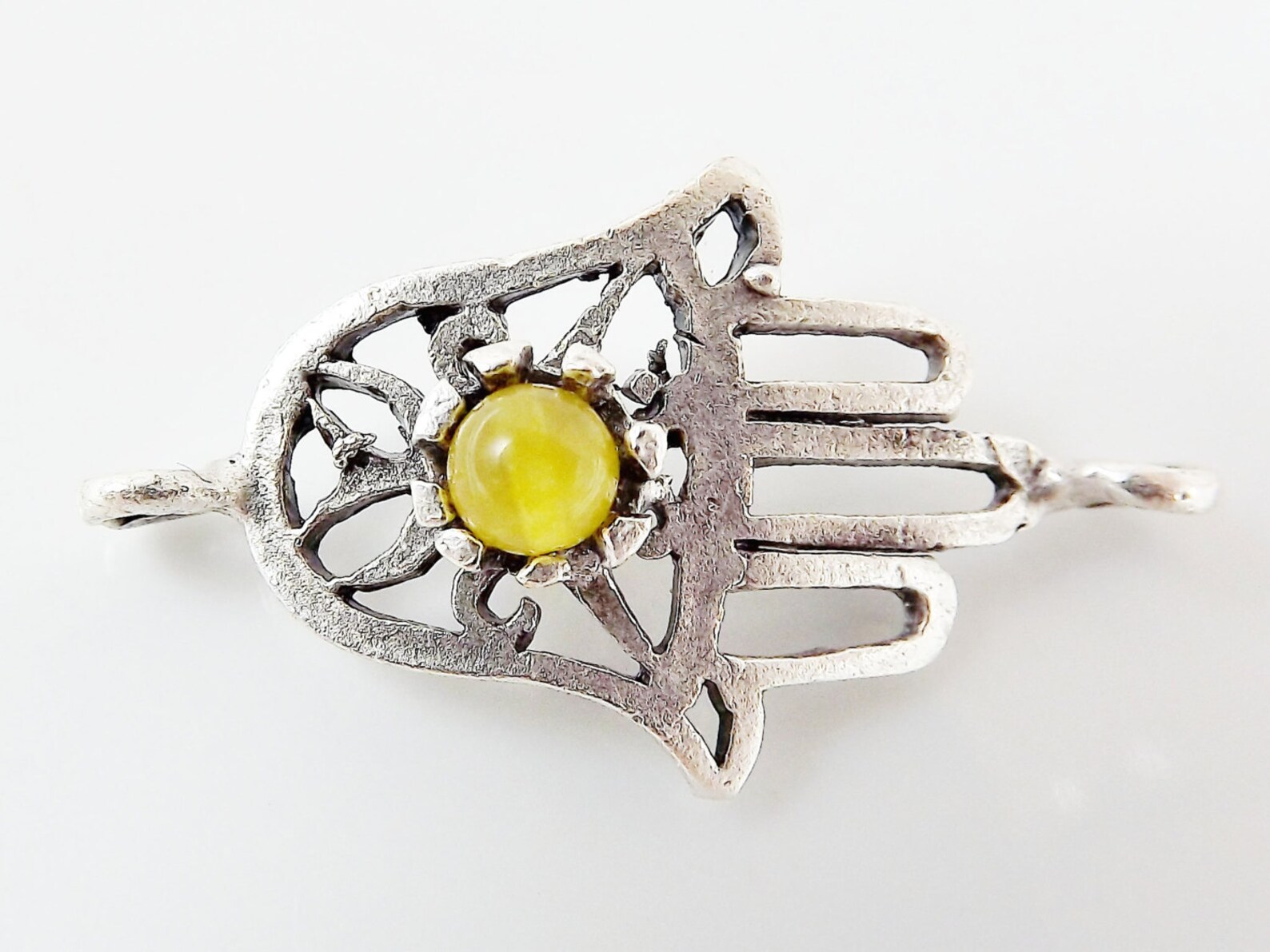 Hamsa Hand of Fatima Connector With Yellow Jade Stone - Matte Silver ...
