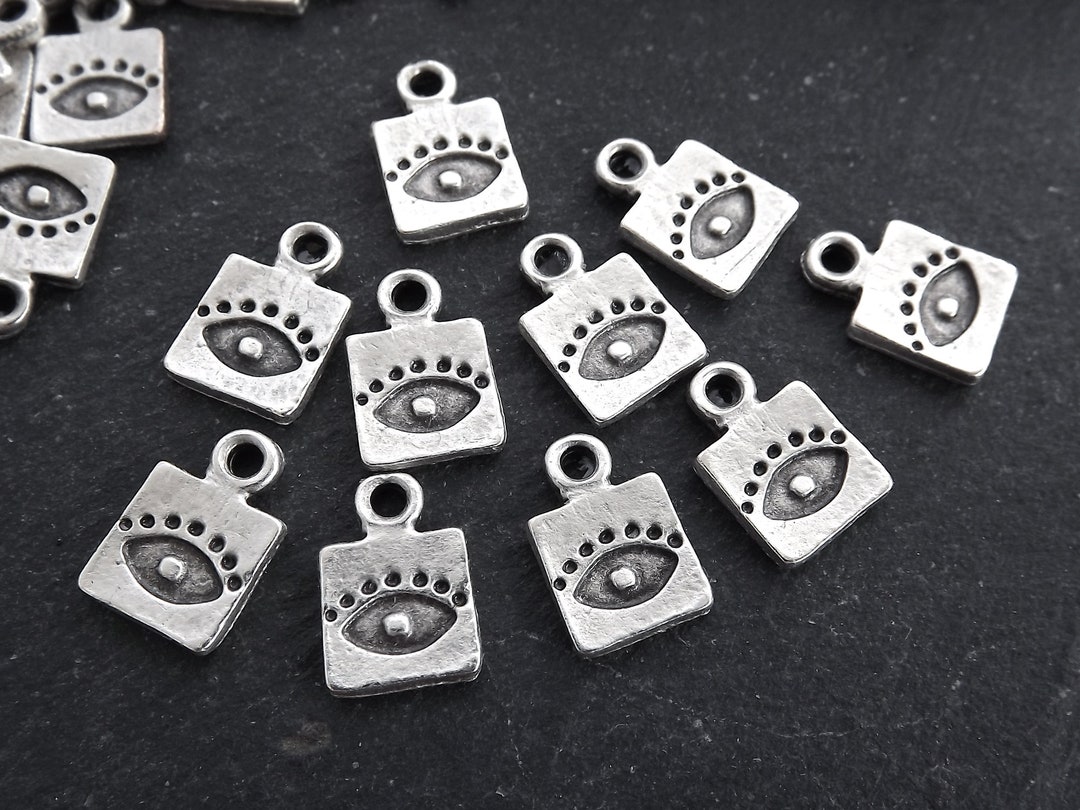 Silver Mini Square Evil Eye Pendant Charms, Good Luck Protective Amulet ...