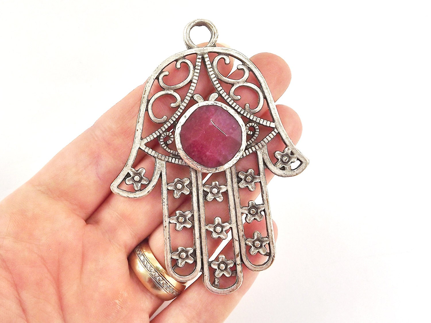 Extra Large Hamsa Hand of Fatima Pendant Red Mauve Jade - Etsy