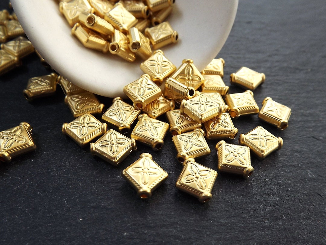 10 Gold Diamond Bead Spacers, Floral Stamped Diamond Rhombus Shaped ...