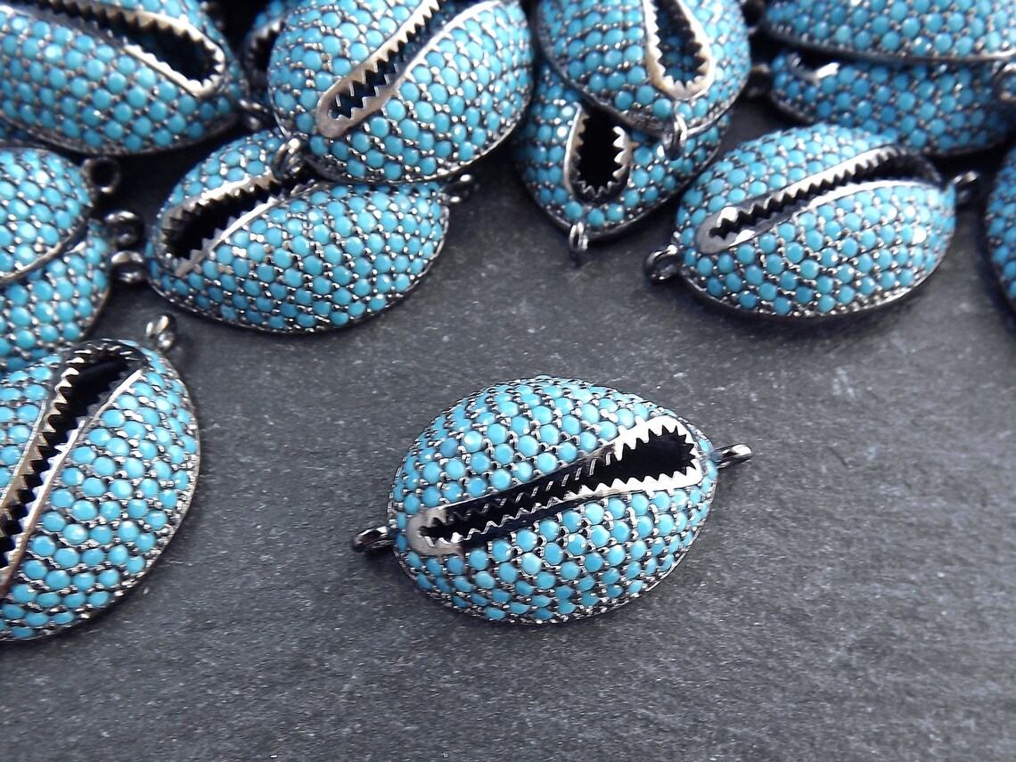 Cowrie Shell Connector Charms Turquoise Blue Gunmetal - Etsy