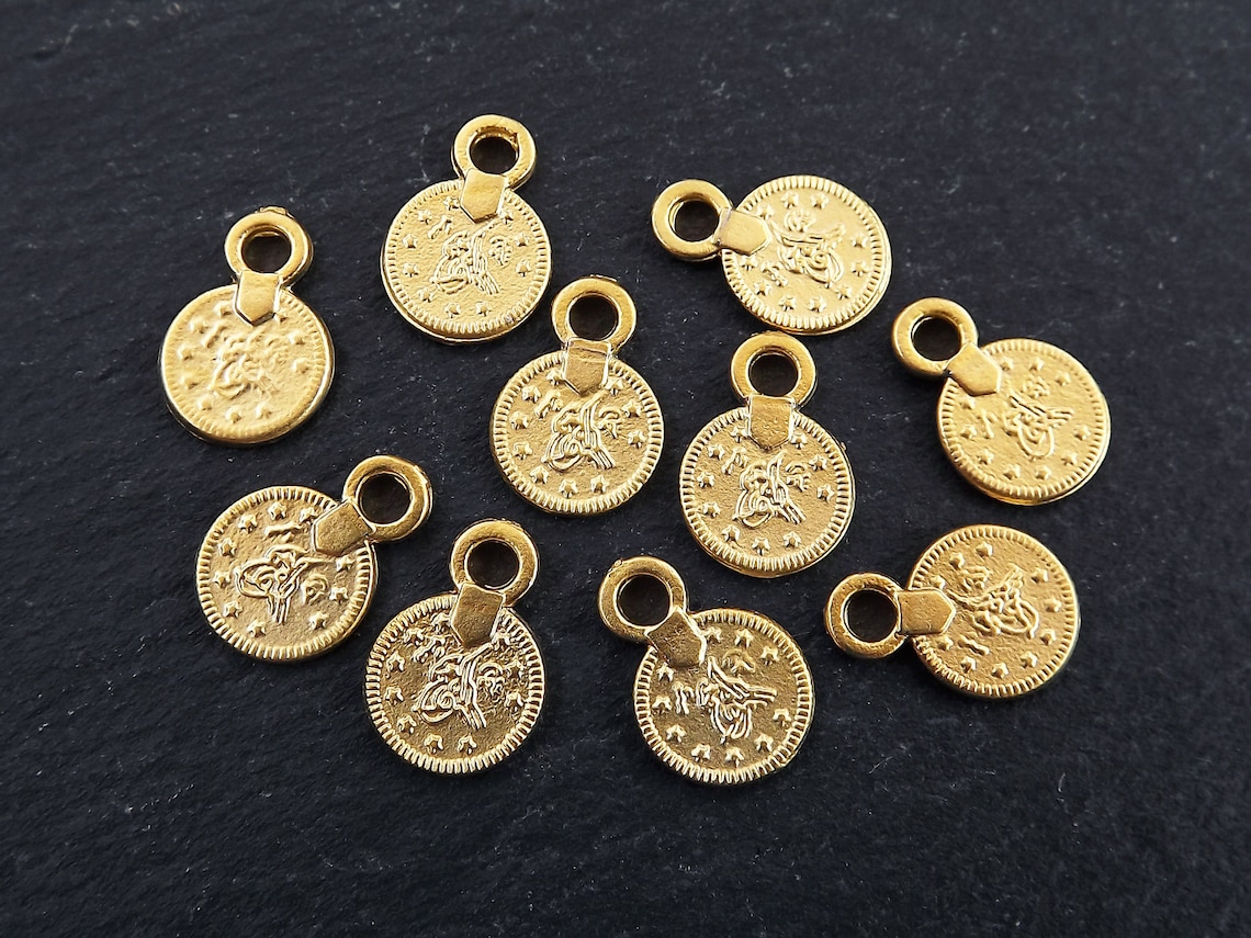 Mini Gold Coin Charm Pendants, Small Round Chunky Coins, 22k Matte Gold ...