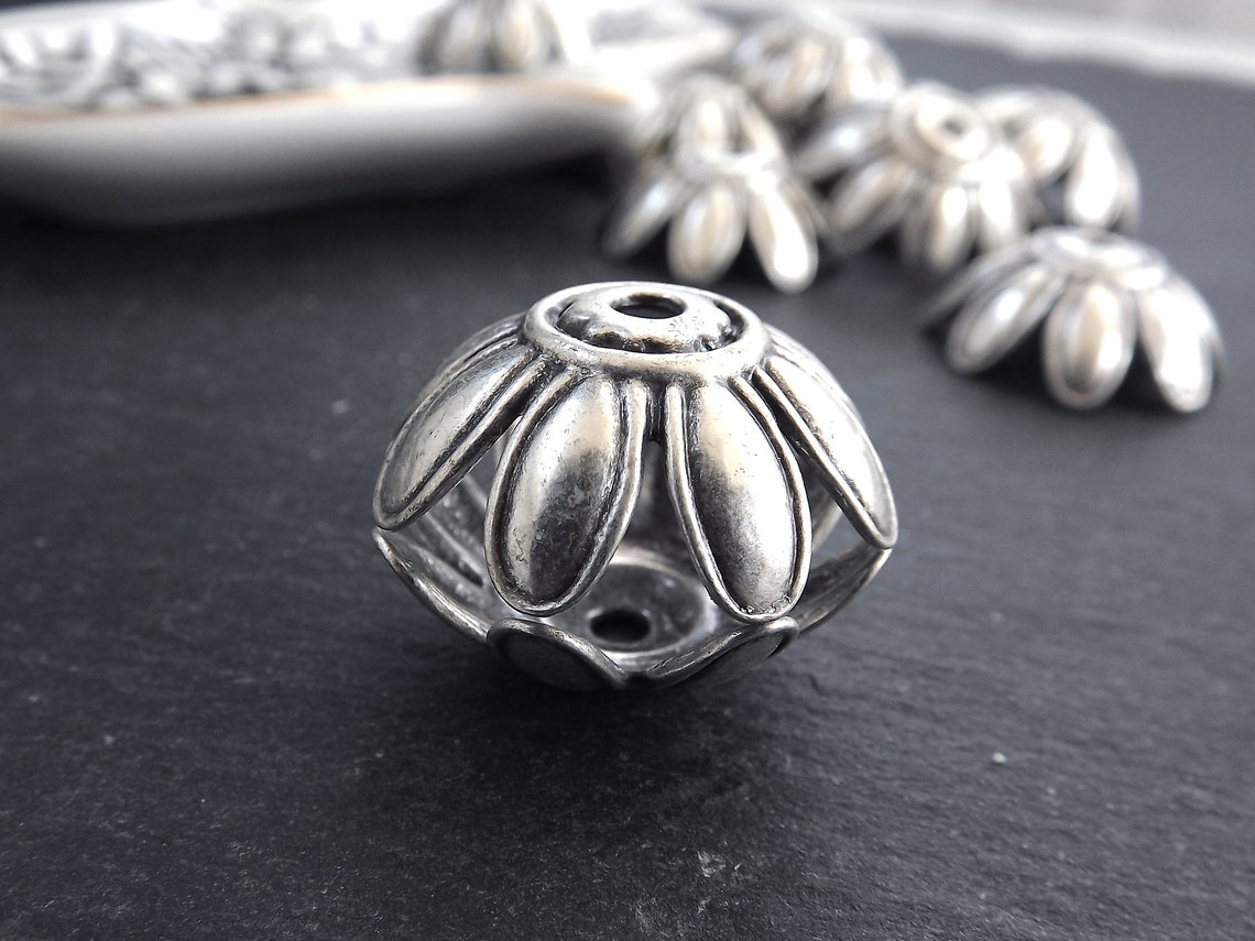 2 Large Silver Flower Bead Cap 25mm Round Petal Bead Cover | Etsy