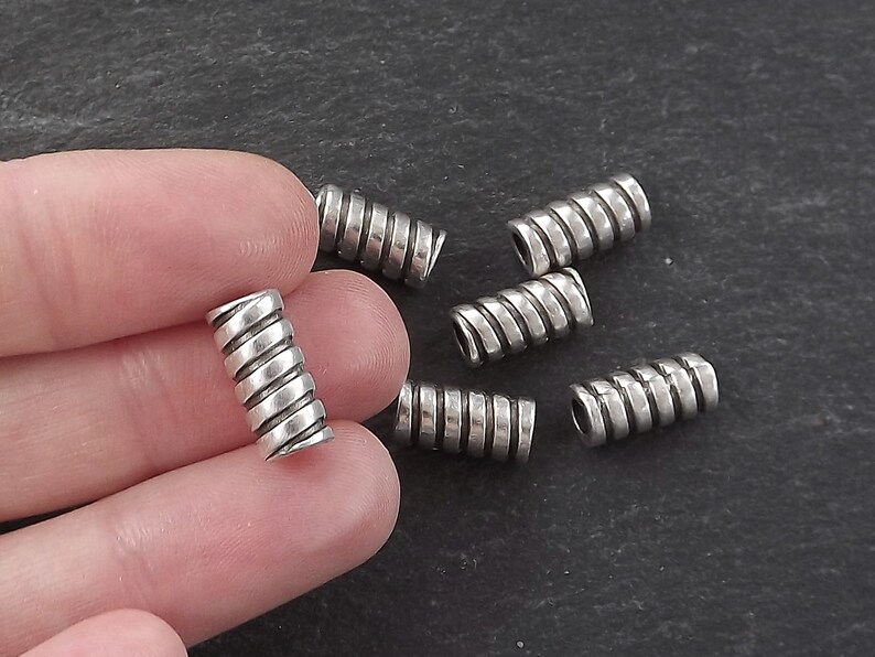 Large Narrow Spiral Ribbed Barrel Tube Beads - Matte Silver Plated ...