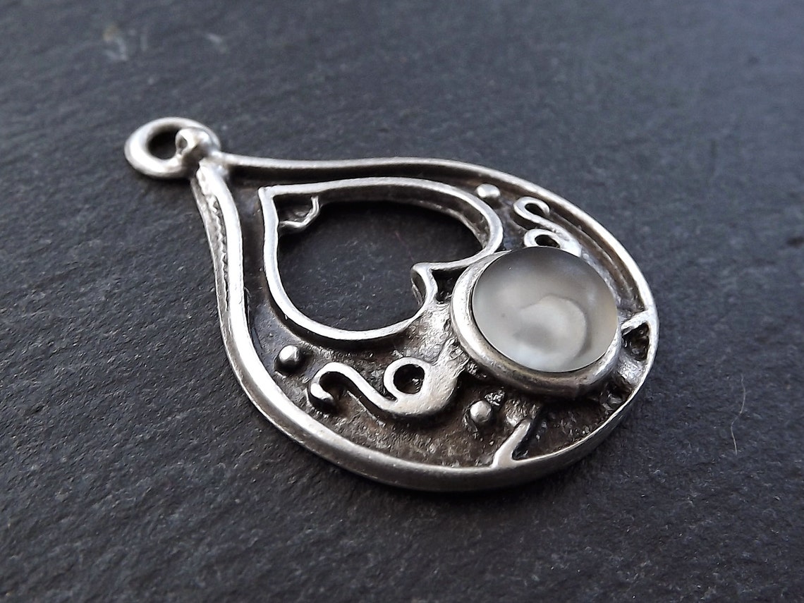 Silver Teardrop Pendant, Silver Tear Drop, Frosted Glass, Smokey Beige ...