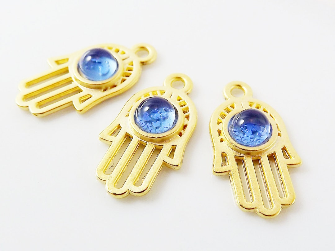 3 Small Ornate Hamsa Hand of Fatima Charms - Translucent Blue Glass ...
