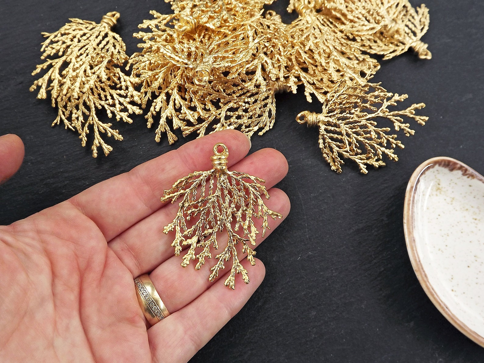 Gold Conifer Leaf Branch Pendant Charm Metal Leaf Pendant | Etsy