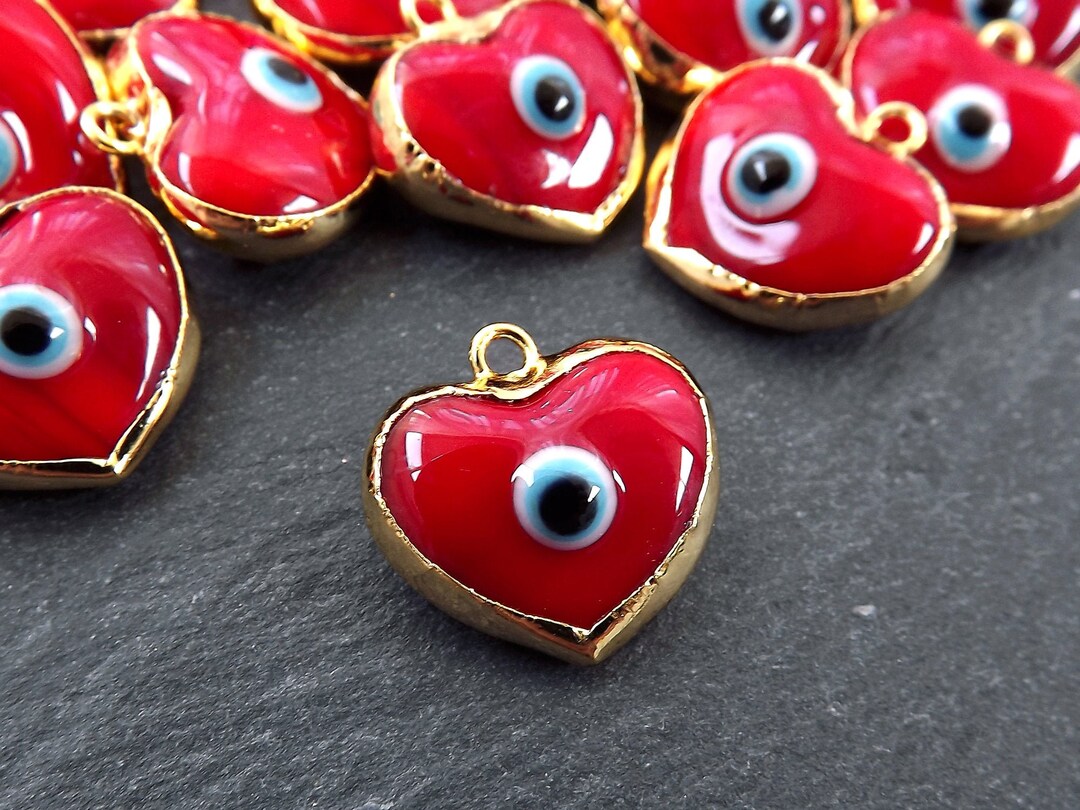 Red Heart Evil Eye Charm Pendant, Glass Lampwork Evil Eye, Amulet ...