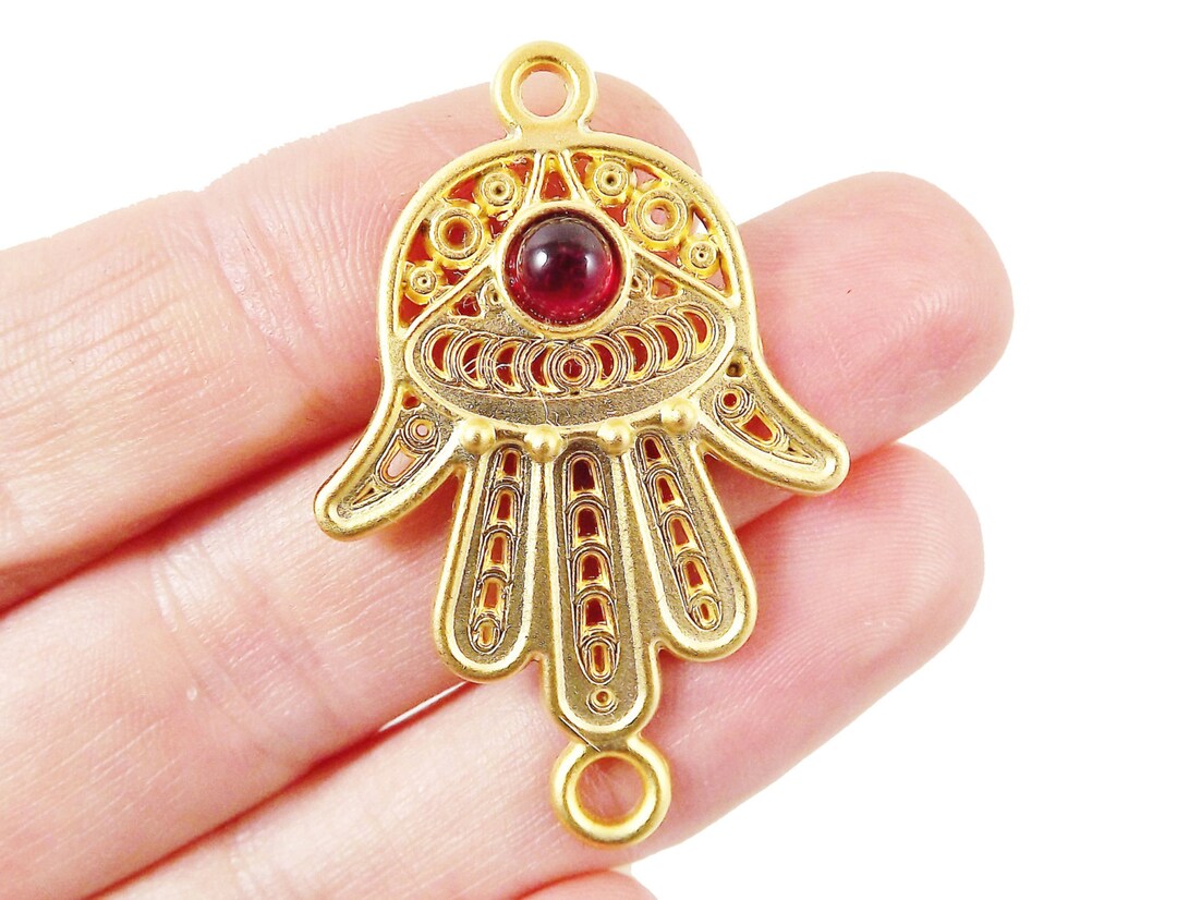 Hand of Fatima Connector With Garnet Red Glass Accent - 22k Matte Gold Plated - 1PC - Etsy