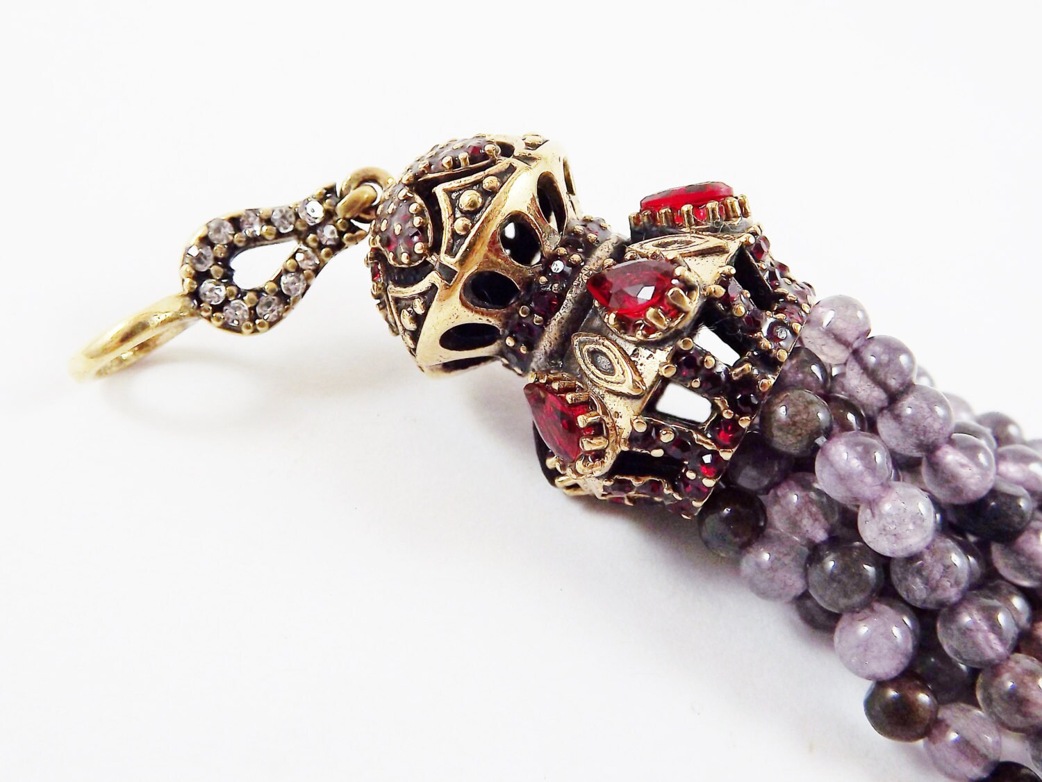 Large Long Gray Jade Stone Beaded Tassel With Red Clear Crystal Accents ...