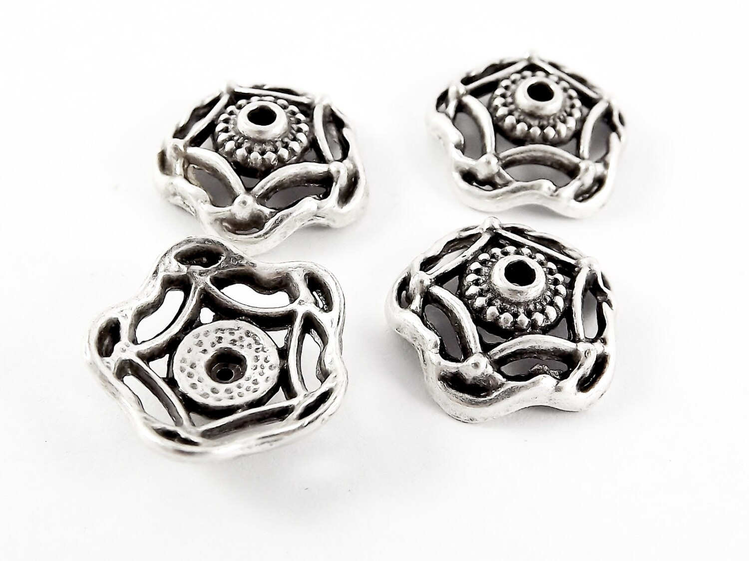 4 Shallow Wavy Bead End Caps - 16mm Wide Matte Silver Plated Round Bead ...