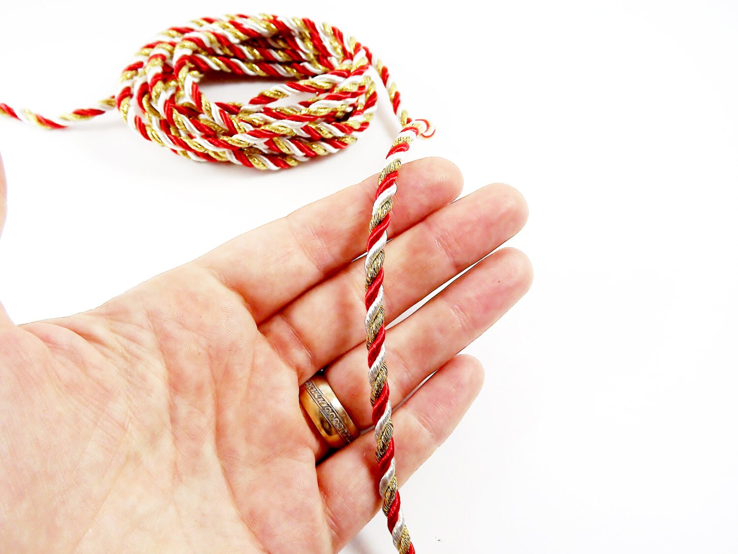 3.5mm Red White Metallic Gold Twisted Rayon Satin Rope Silk Braid Cord ...