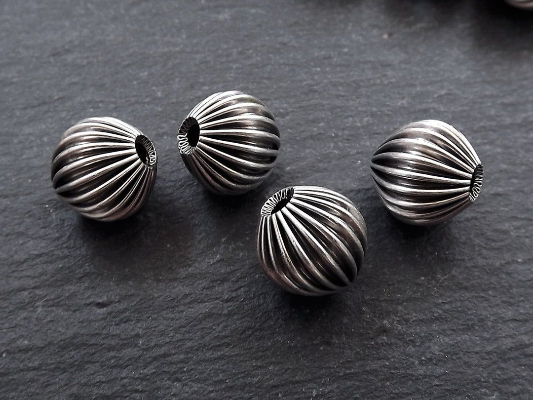 Corrugated Bead, Round Silver Bead, Ribbed Bead, Large Round Bead ...