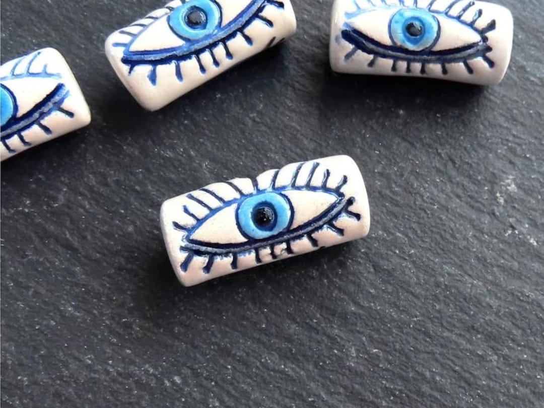 Handmade Evil Eye Ceramic Tube Bead, Long Artisan Bead for Jewelry ...
