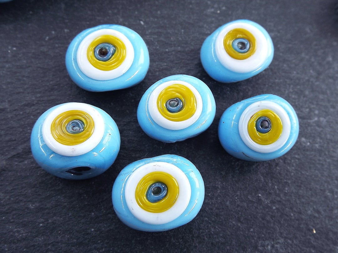 6 Light Sky Blue Artisan Handmade Glass Evil Eye Nazar Medium Bead With ...