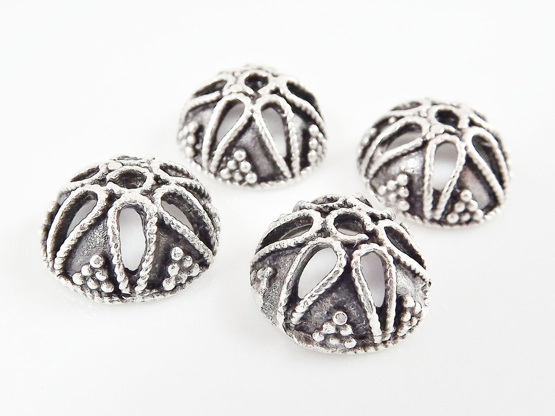 4 Tibetan Bali Style Bead End Caps - Matte Silver Plated Round Bead ...