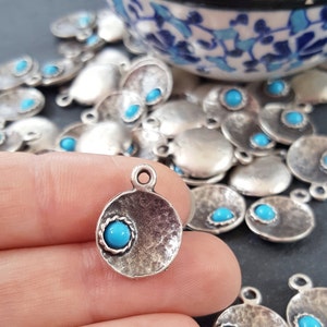 Blue Bead Inverted Dome Shaped Pendant Charms Matte Antiques Silver ...