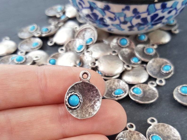 Blue Bead Inverted Dome Shaped Pendant Charms Matte Antiques Silver ...