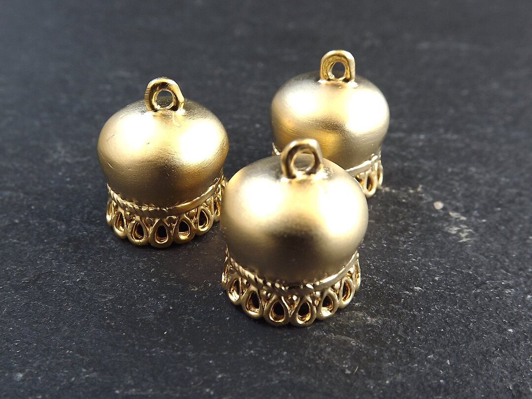 3 Tassel Caps, Gold Bead Caps With Loops, Tassel Findings, 22k Matte ...