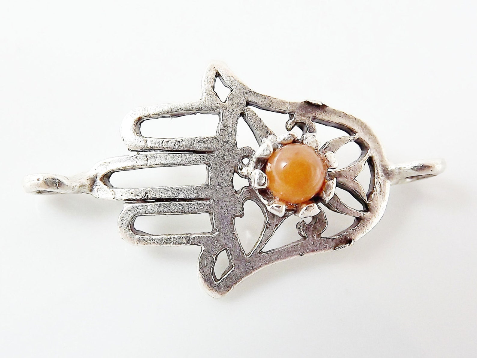 Hamsa Hand of Fatima Connector With Orange Jade Stone - Matte Silver ...